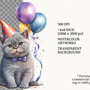 Birthday Cats Clipart Bundle Cute Watercolor Kittens PNG Funny Cats ...