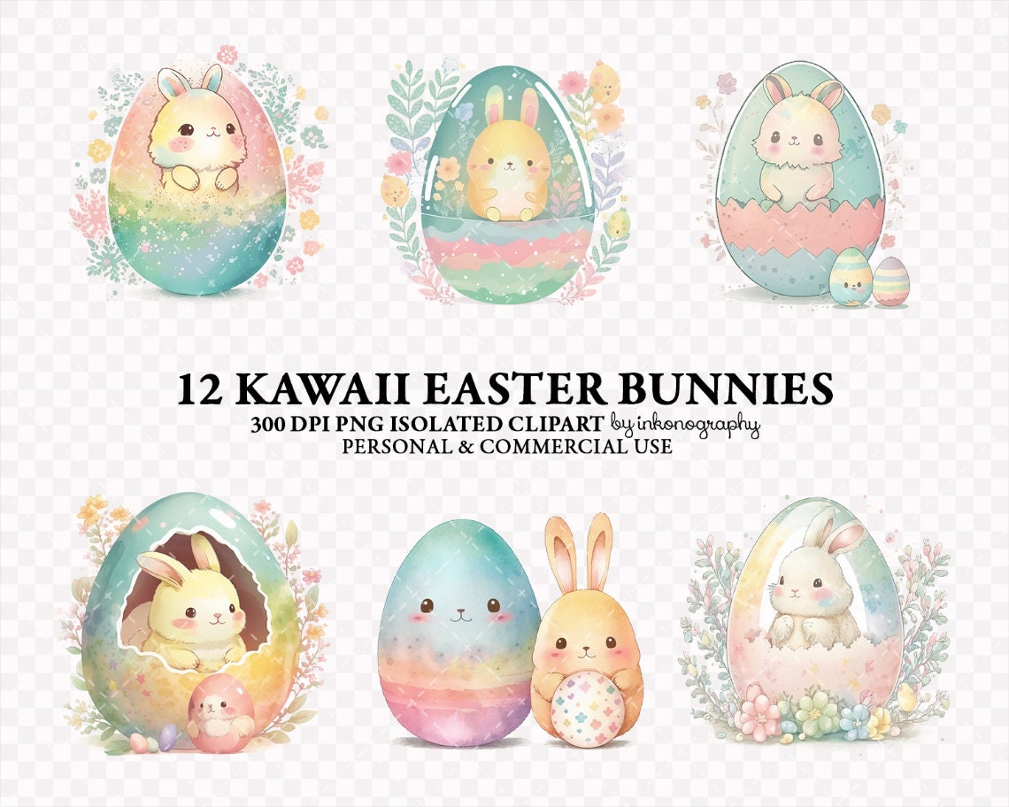 Kawaii Easter Bunny Watercolor Clipart Bundle, Png, Pastel Easter Eggs ...