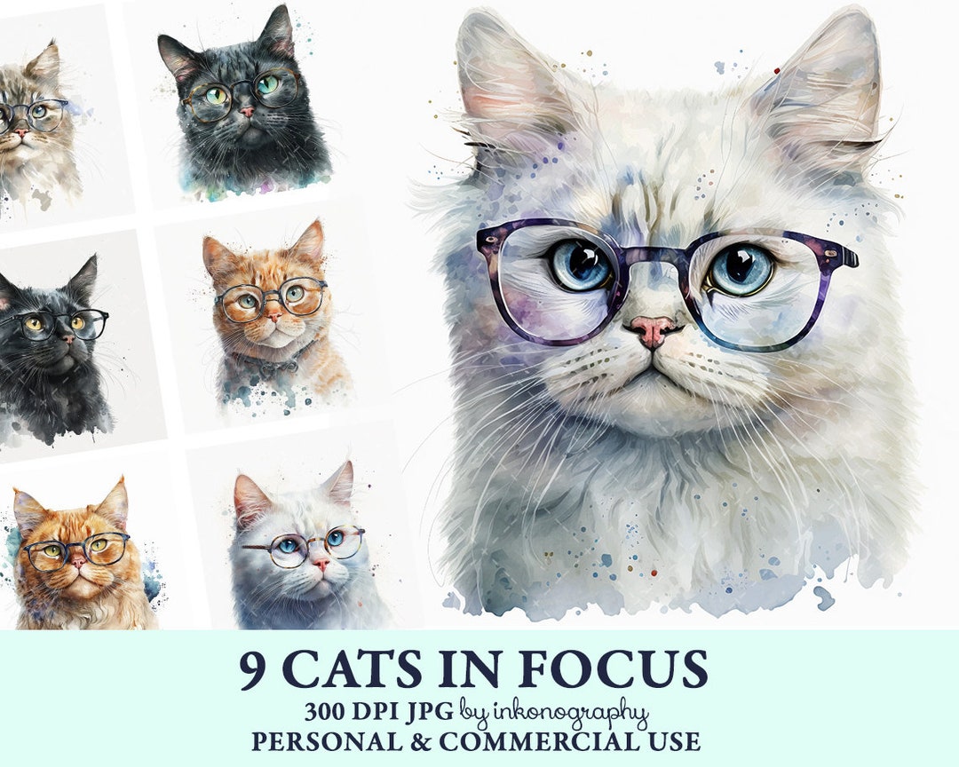 Watercolor Cats Clipart Bundle, Cats With Glasses, Funny Cats ...