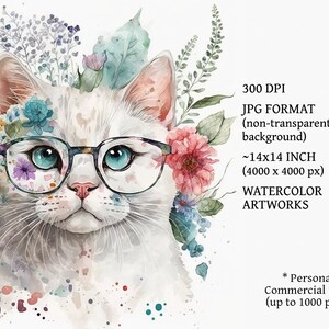 Watercolor Boho Floral Cats Clipart Bundle, Funny Cats Wearing Glasses ...