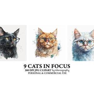 Watercolor Cats Clipart Bundle, Cats With Glasses, Funny Cats ...