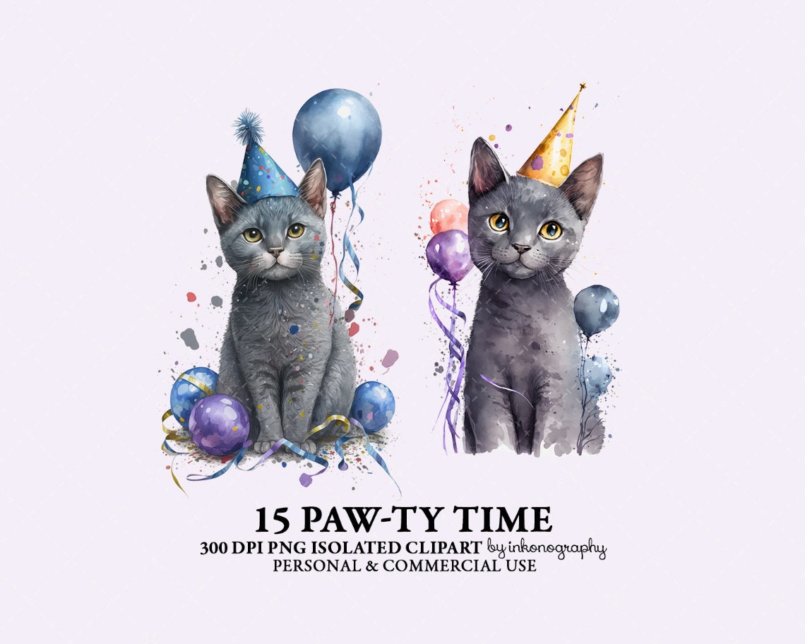 Watercolor Cat Clipart Bundle Birthday Cat PNG Cute Kitten - Etsy