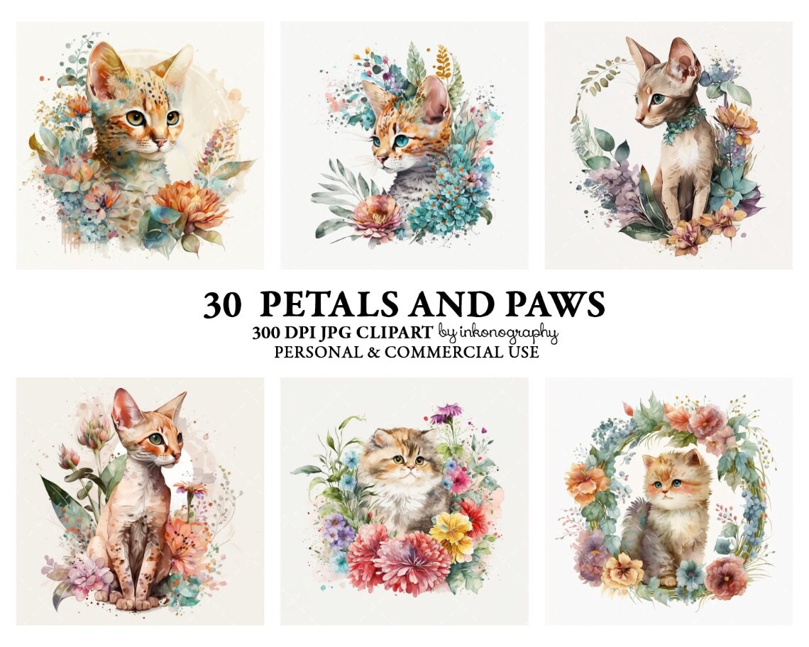 Watercolor Floral Cats Clipart Bundle, Watercolor Clipart, Digital ...
