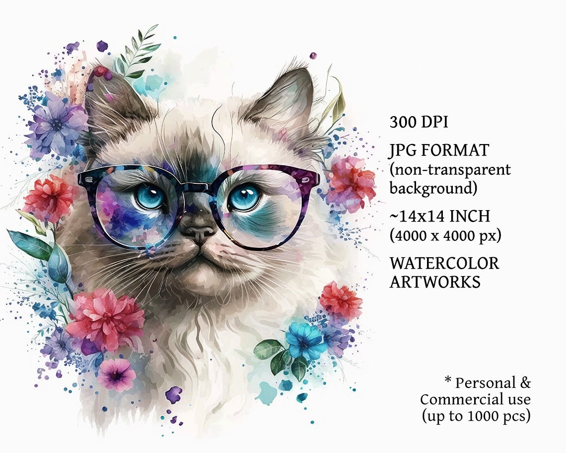 Floral Cats Clipart Bundle Watercolor Animal Clipart, Cute Kitten ...