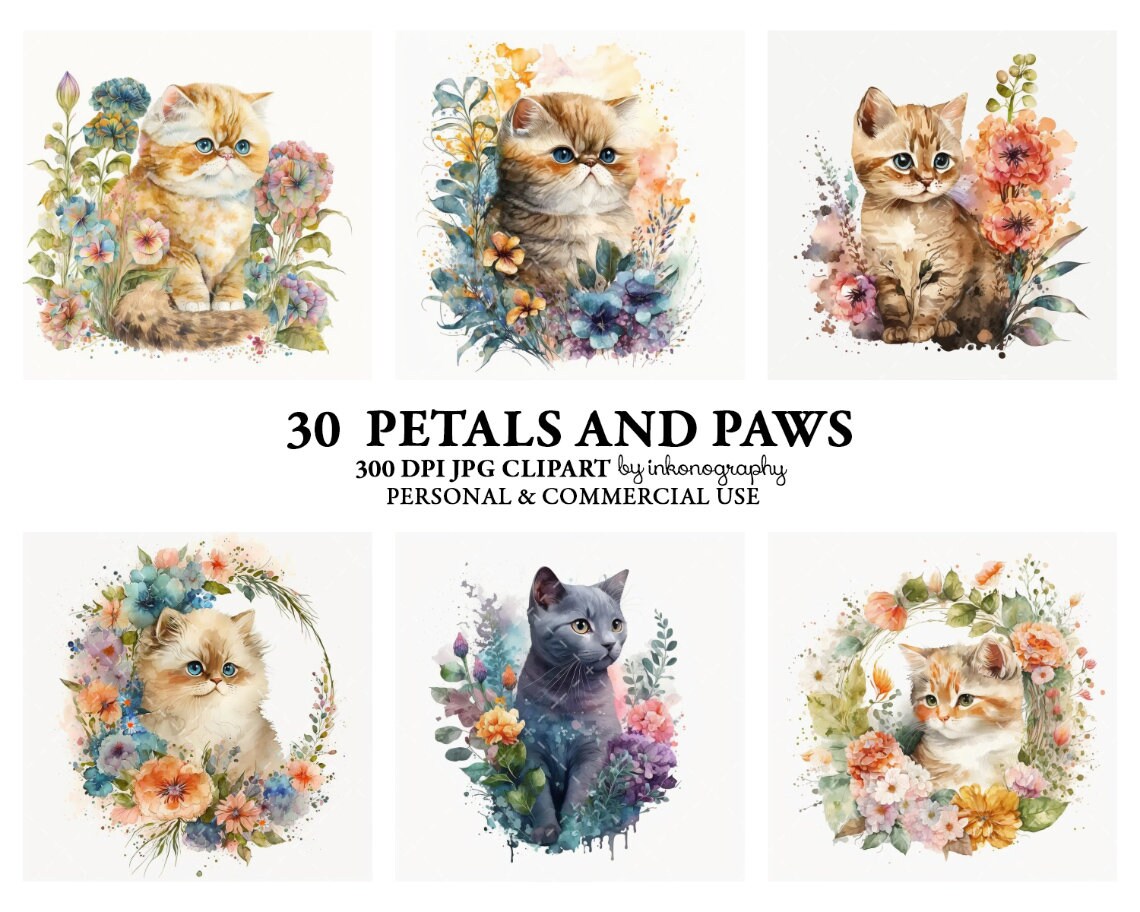 Watercolor Floral Cats Clipart Bundle, Watercolor Clipart, Digital ...