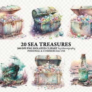 Watercolor Treasure Chest Clipart Bundle, Pirate Ship Wreck Clipart ...
