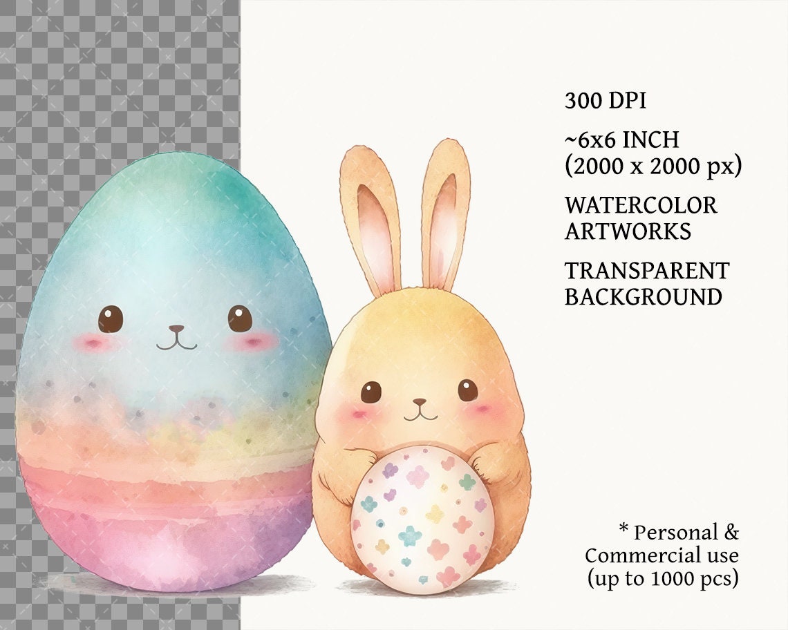 Kawaii Easter Bunny Watercolor Clipart Bundle, Png, Pastel Easter Eggs ...