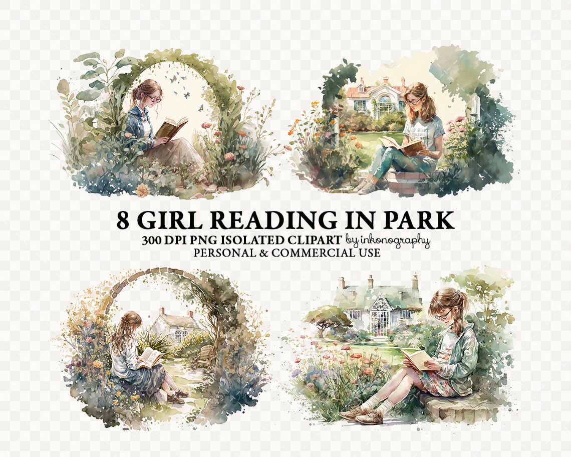 Girl Reading Watercolor Clipart Bundle, Png, Student Girl Clipart, Girl ...