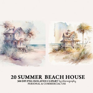 Printable Beach House Clipart Bundle, Beach Bungalow Home, Watercolor ...
