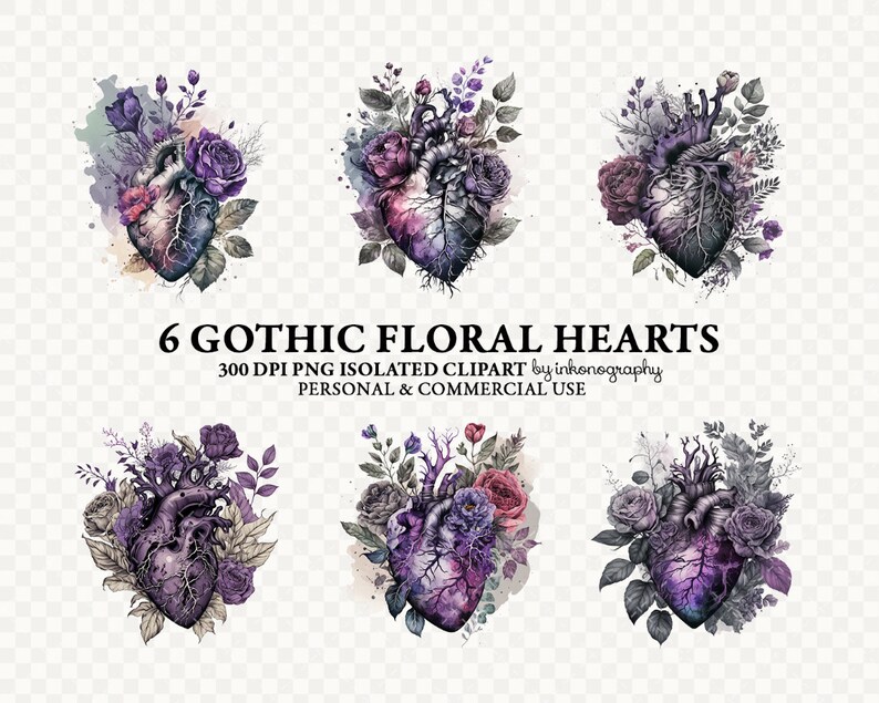 Purple Watercolor Floral Heart Clipart Bundle Heart Png - Etsy