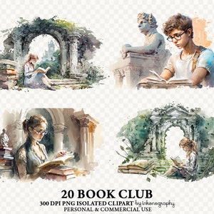 Watercolor Bookworm Clipart Bundle, Book Club Reading Png, Home Library ...