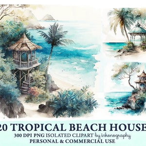 Tropical Beach House Clipart Bundle, Watercolor Ocean Clipart, Tropical ...