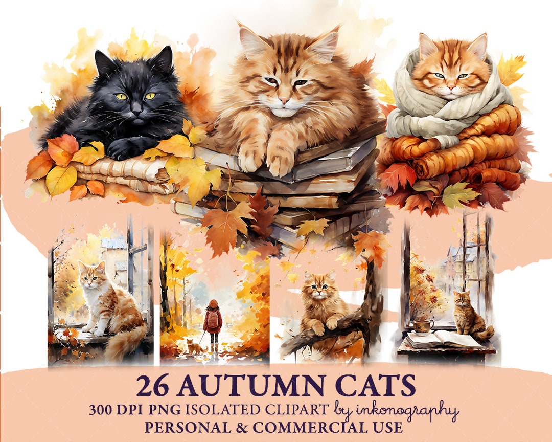 Fall Watercolor Clipart | Autumn Cat Leaves | Cozy Cat Coffee Books ...
