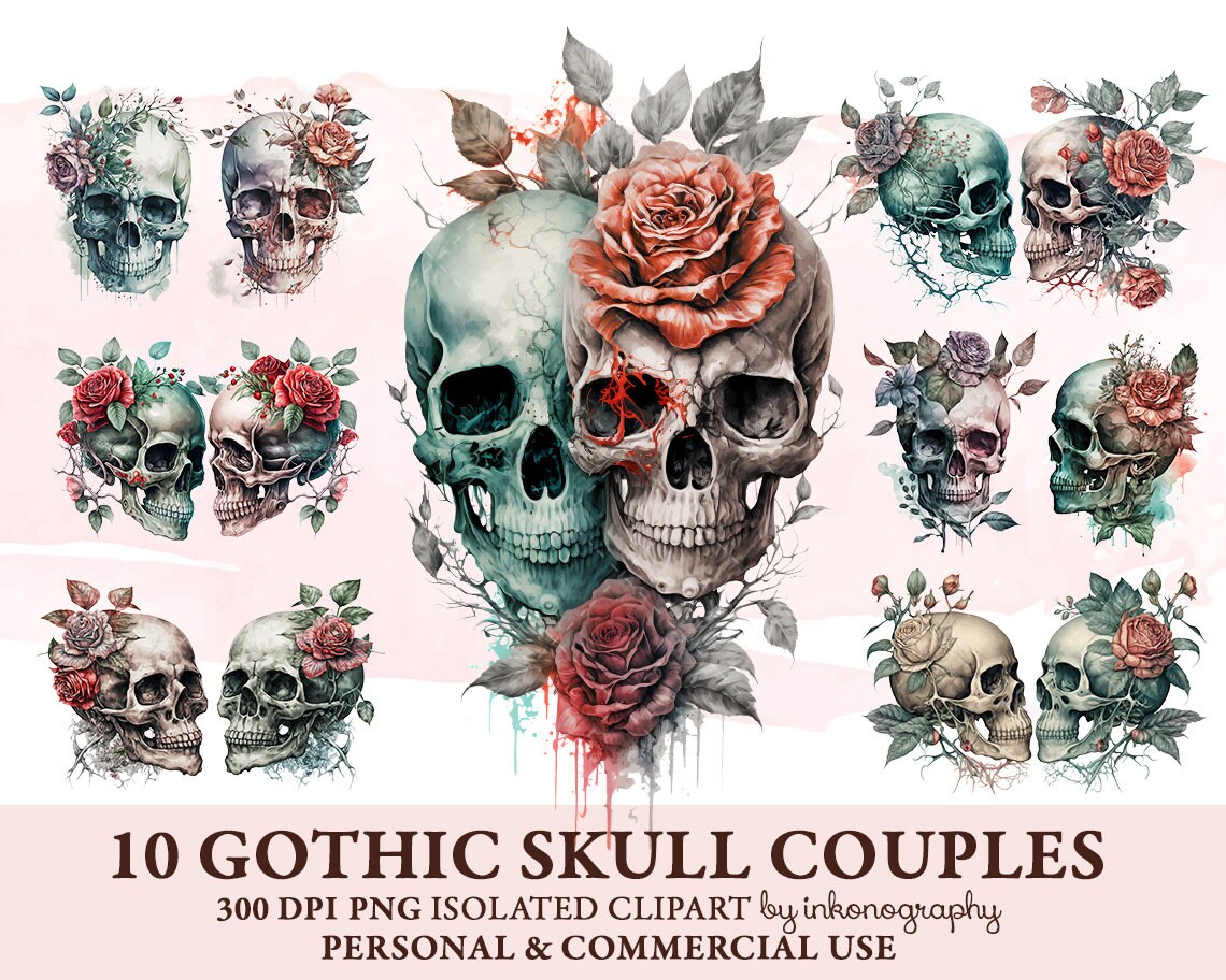 Gothic Skull Couple Png Watercolor Skull Clipart Bundle - Etsy