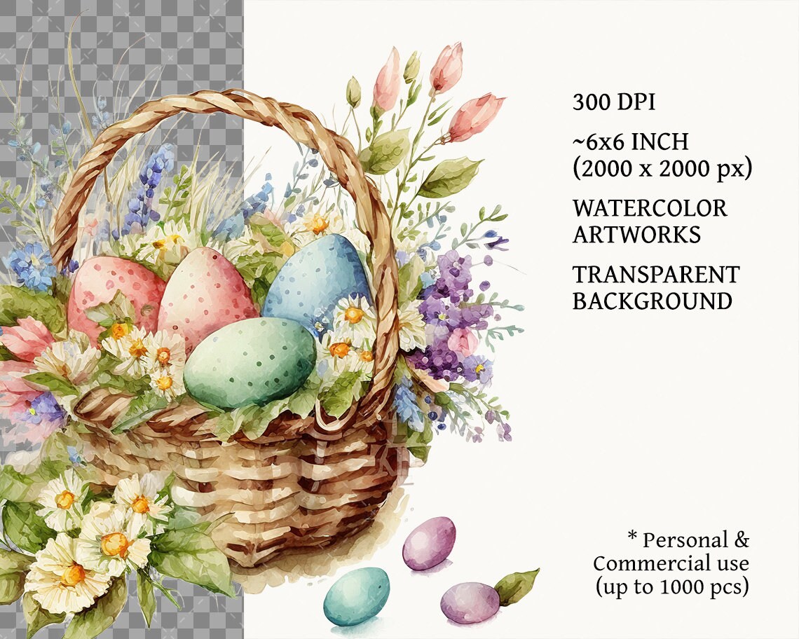 Watercolor Easter Basket Clipart Bundle, Png Bundle, Easter Eggs Png ...