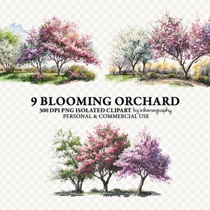 Watercolor Orchard Clipart Bundle, Blooming Orchard PNG, Spring Trees ...