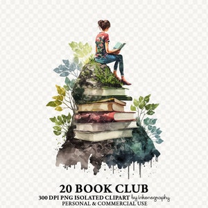 Watercolor Bookworm Clipart Bundle, Book Club Reading Png, Home Library ...