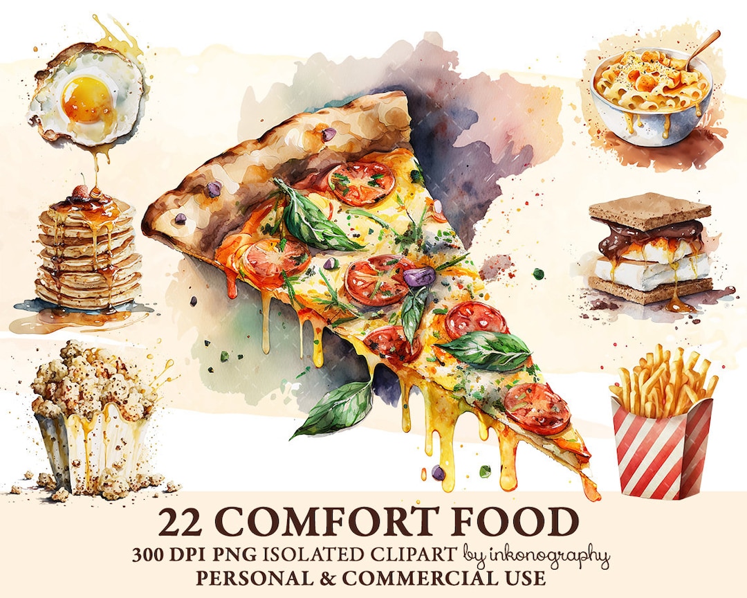 Comfort Food Clipart Bundle, Watercolor Food Png Popcorn, Pancakes ...