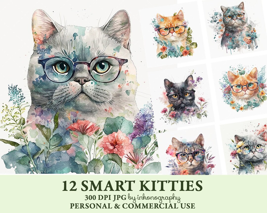 Watercolor Cats With Glasses Clipart Set Pack, Digital Clipart Bundle ...