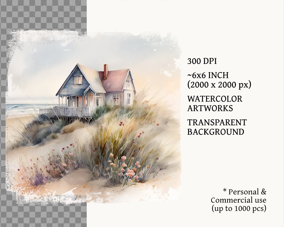 Watercolor Beach House Clipart Bundle Ocean Seascape Cottage PNG ...