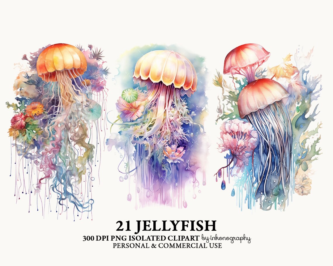 Watercolor Jellyfish Clipart Bundle Sea Creatures Jelly Fish Clipart ...