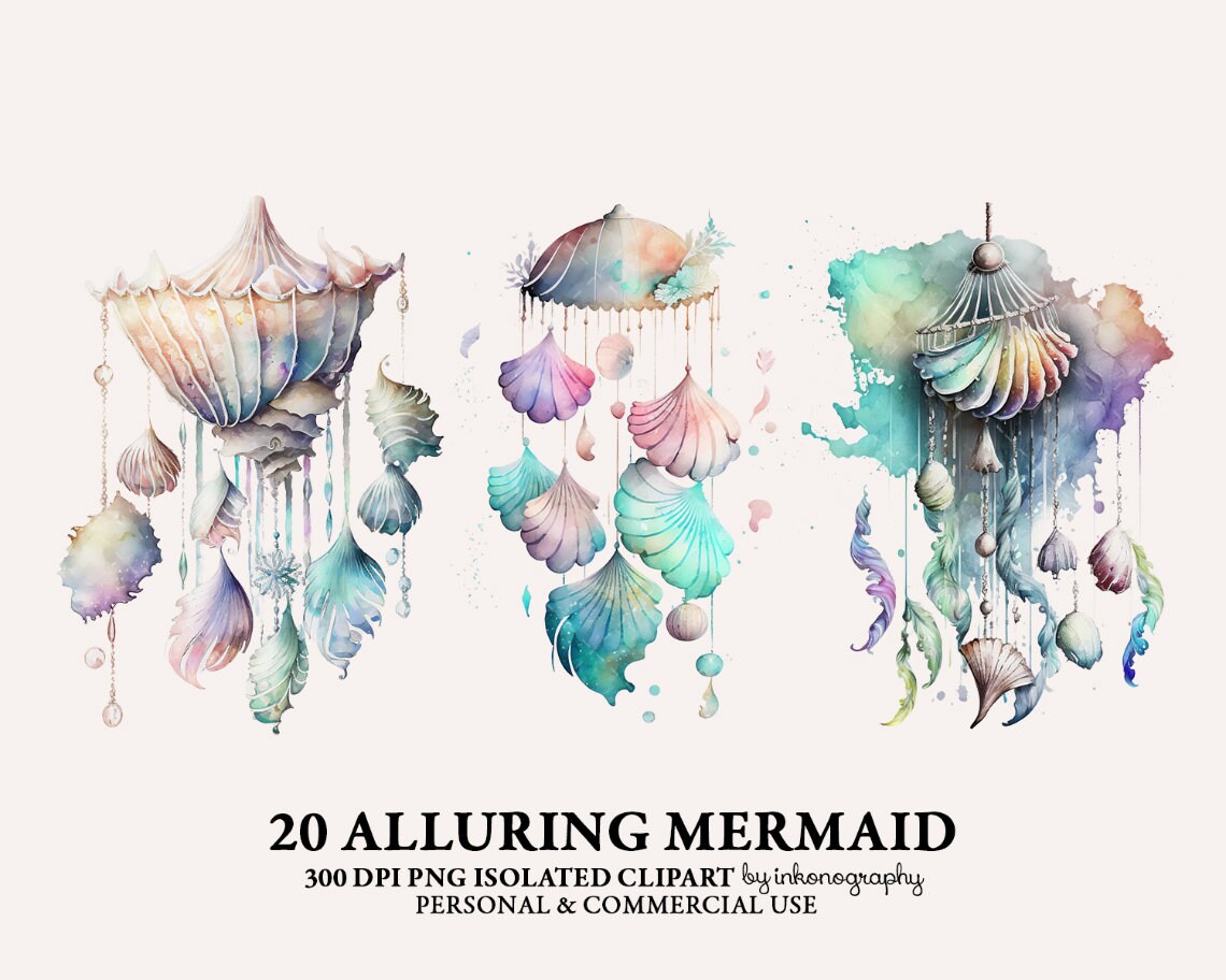 Beautiful Mermaid Clipart Bundle, Watercolor Mermaid Fantasy Clip Art ...