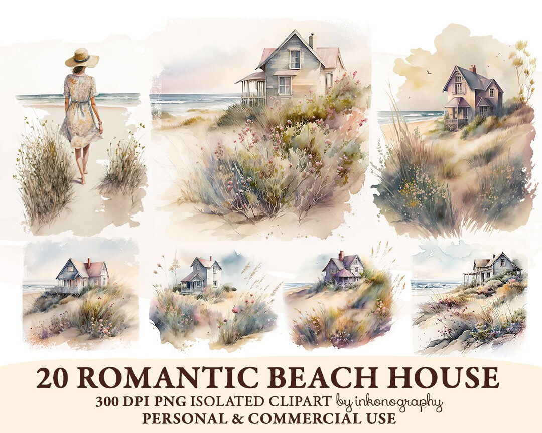 Watercolor Beach House Clipart Bundle Ocean Seascape Cottage PNG ...