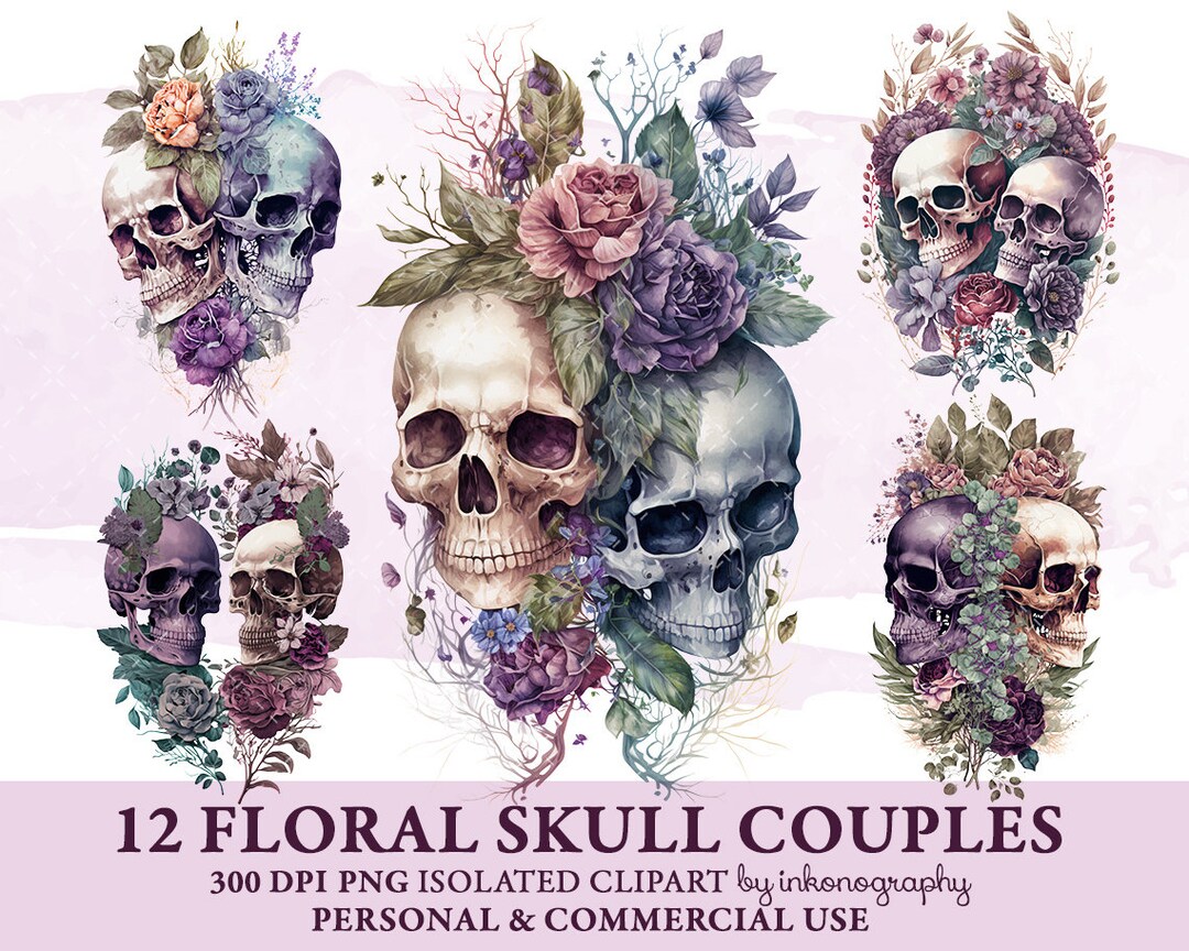 Floral Skull Couple, Watercolor Wedding Skulls Clipart Bundle Boho ...