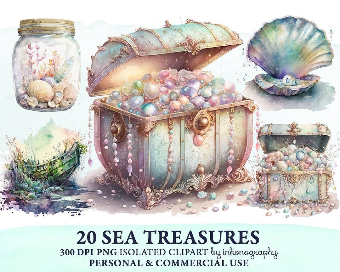 Watercolor Treasure Chest Clipart Bundle, Pirate Ship Wreck Clipart ...