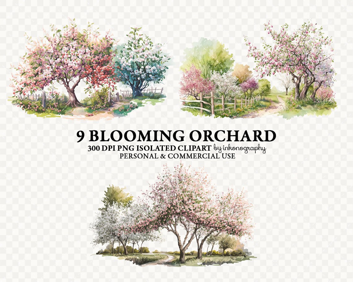 Watercolor Orchard Clipart Bundle, Blooming Orchard PNG, Spring Trees ...