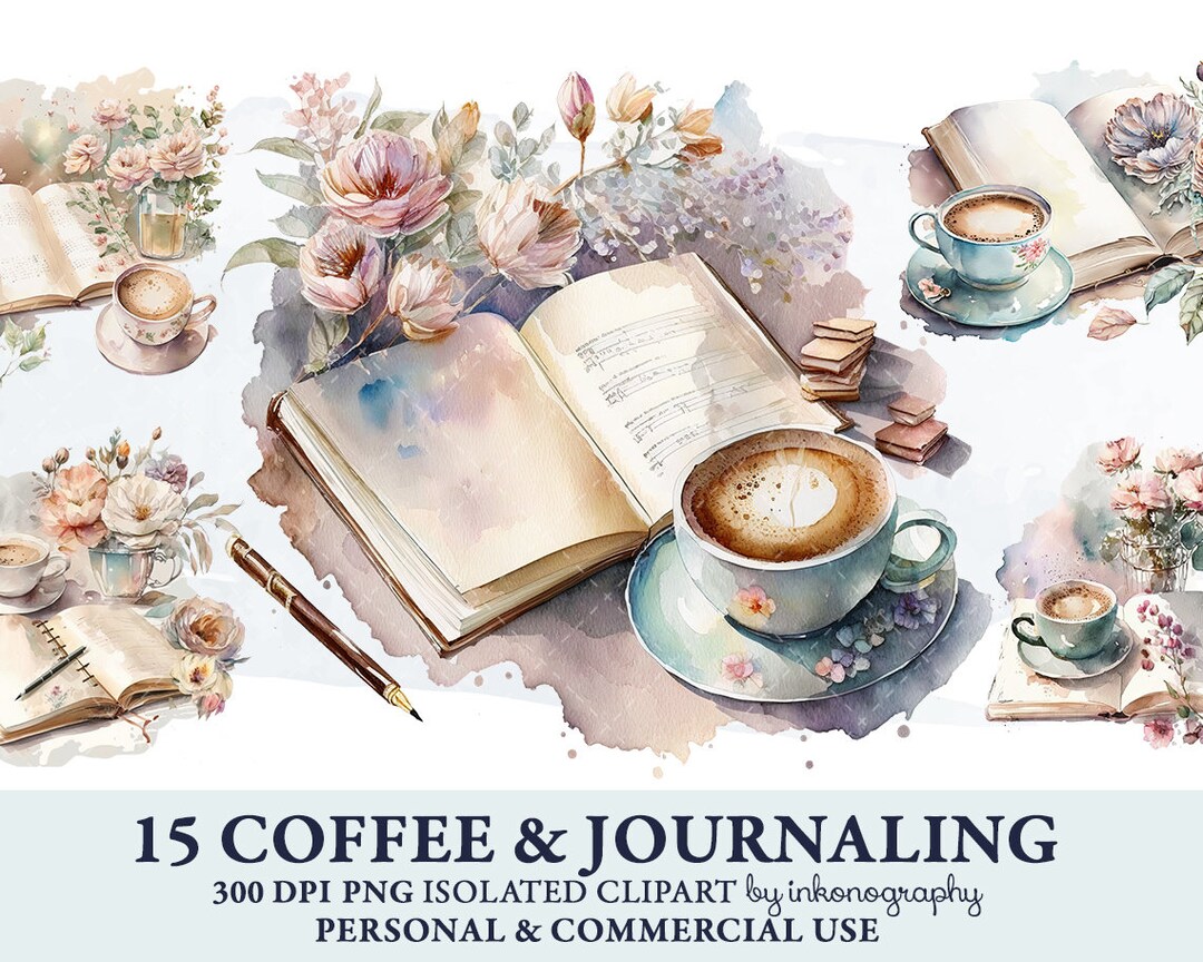 Watercolor Coffee and Journaling Clipart Bundle, Cute Watercolor ...