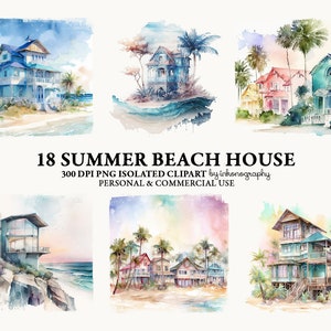 Printable Beach House Clipart Bundle, Beach Bungalow Home, Watercolor ...