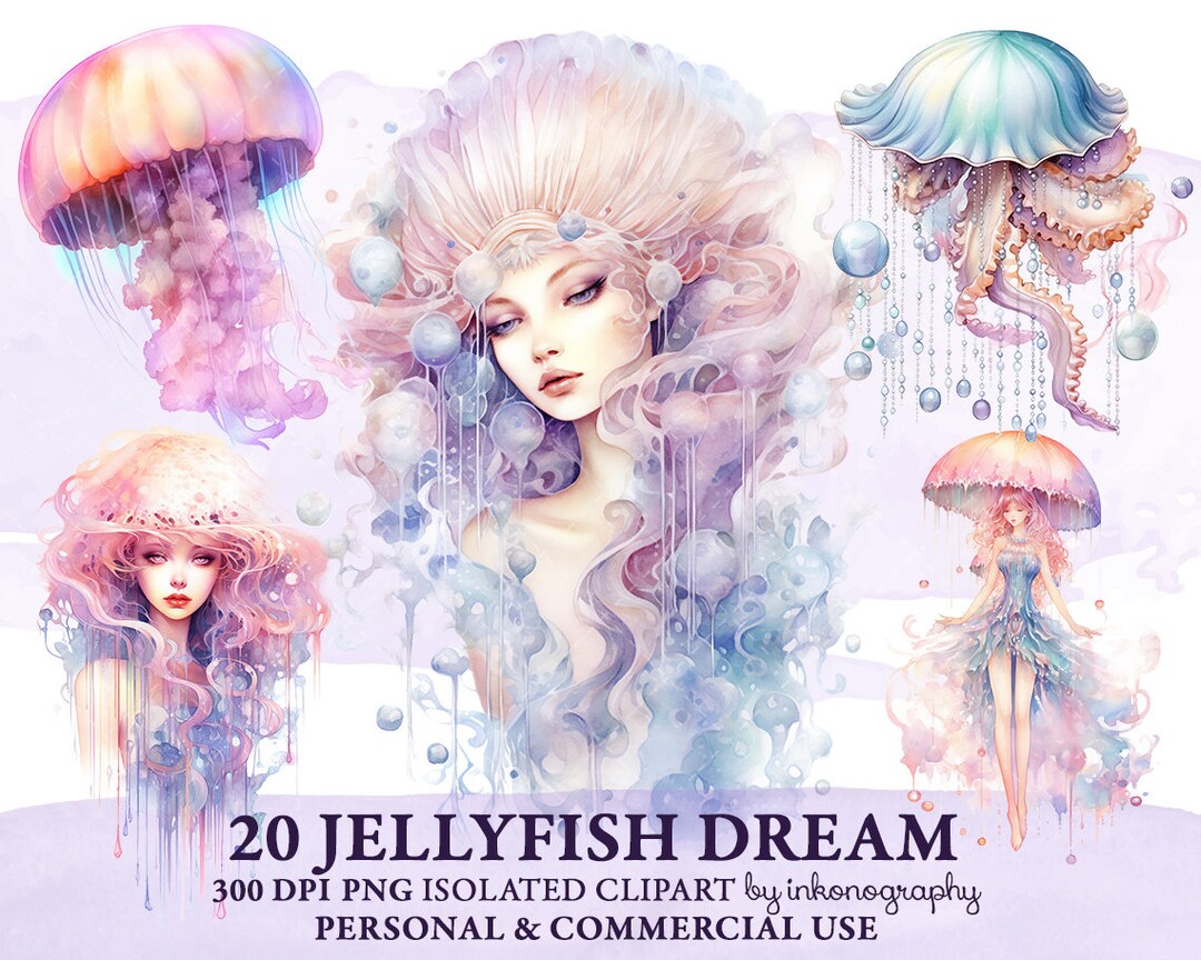 Watercolor Jellyfish Clipart Bundle, Fantasy Mermaid PNG, Pastel ...