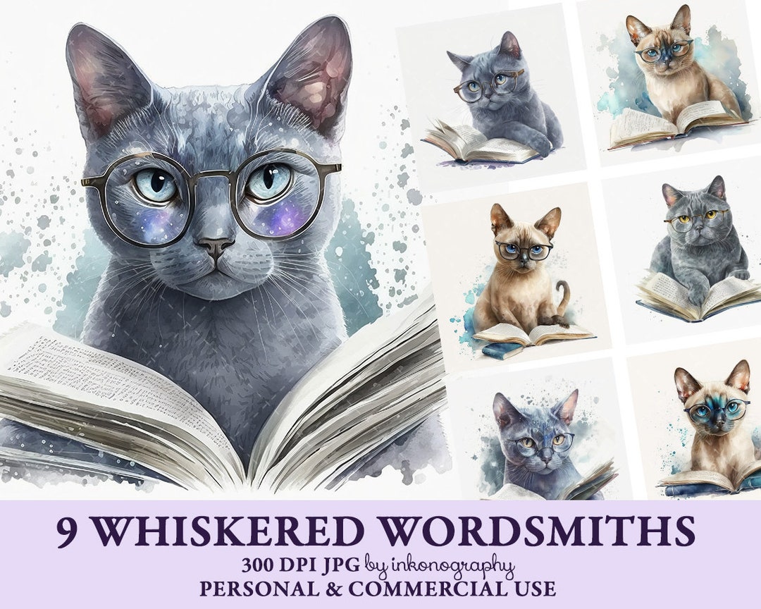 Watercolor Nerdy Cat Clipart Bundle, Reading Book, Russian Blue Cat ...