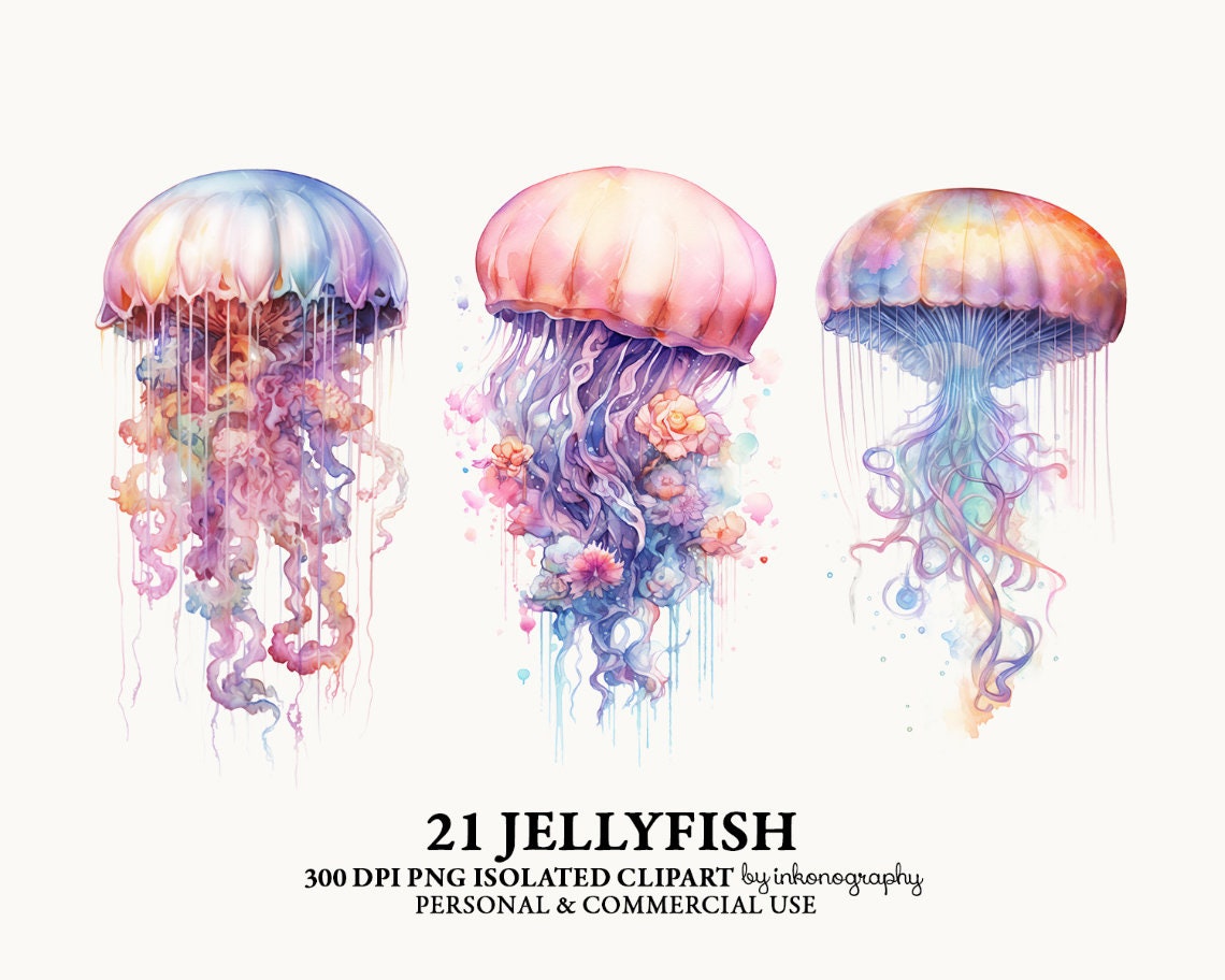 Watercolor Jellyfish Clipart Bundle Sea Creatures Jelly Fish - Etsy