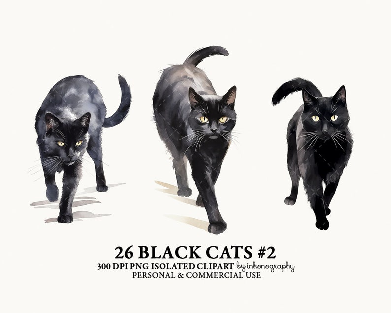 Watercolour Black Cats Clipart Bundle, Black Cat Png, Mystic Cats ...