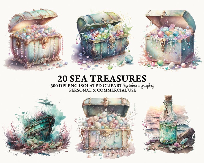 Watercolor Treasure Chest Clipart Bundle, Pirate Ship Wreck Clipart ...