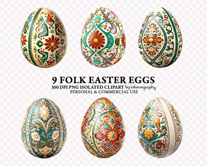 Folk Art Eggs Clipart Bundle, Handpainted Wooden Easter Eggs, Easter ...