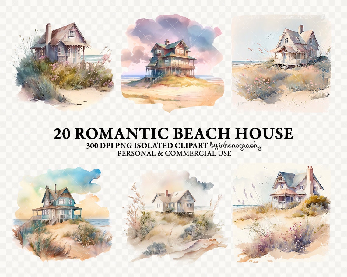Watercolor Beach House Clipart Bundle Ocean Seascape Cottage PNG ...