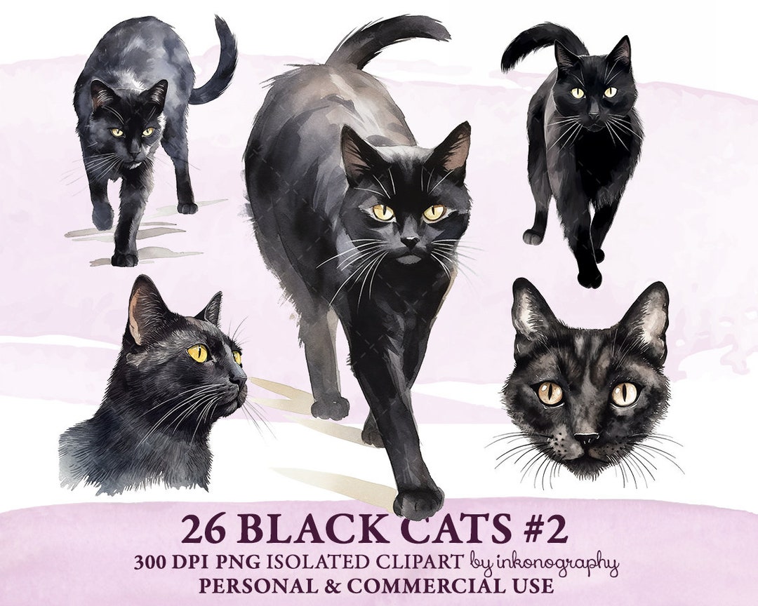 Watercolour Black Cats Clipart Bundle, Black Cat Png, Mystic Cats ...