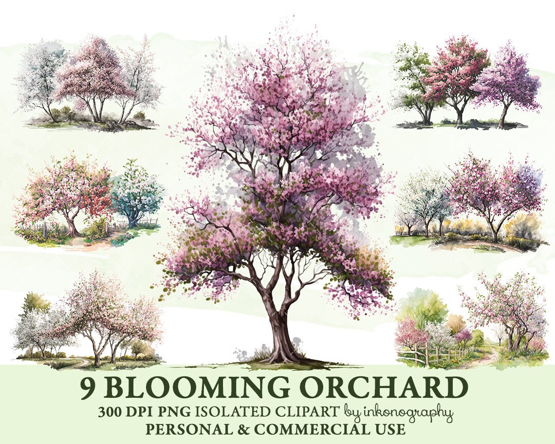 Watercolor Orchard Clipart Bundle, Blooming Orchard PNG, Spring Trees ...