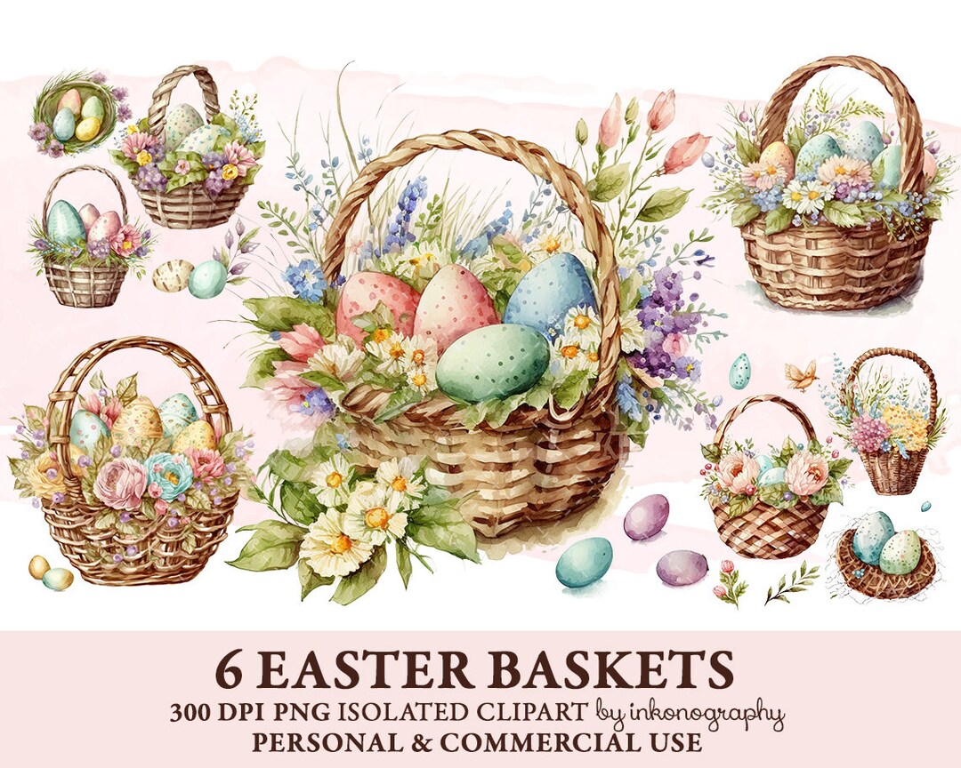 Watercolor Easter Basket Clipart Bundle, Png Bundle, Easter Eggs Png ...