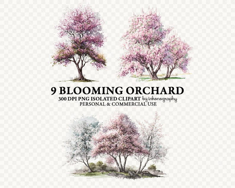 Watercolor Orchard Clipart Bundle, Blooming Orchard PNG, Spring Trees ...