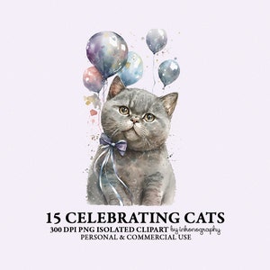 Birthday Cats Clipart Bundle Cute Watercolor Kittens PNG Funny Cats ...