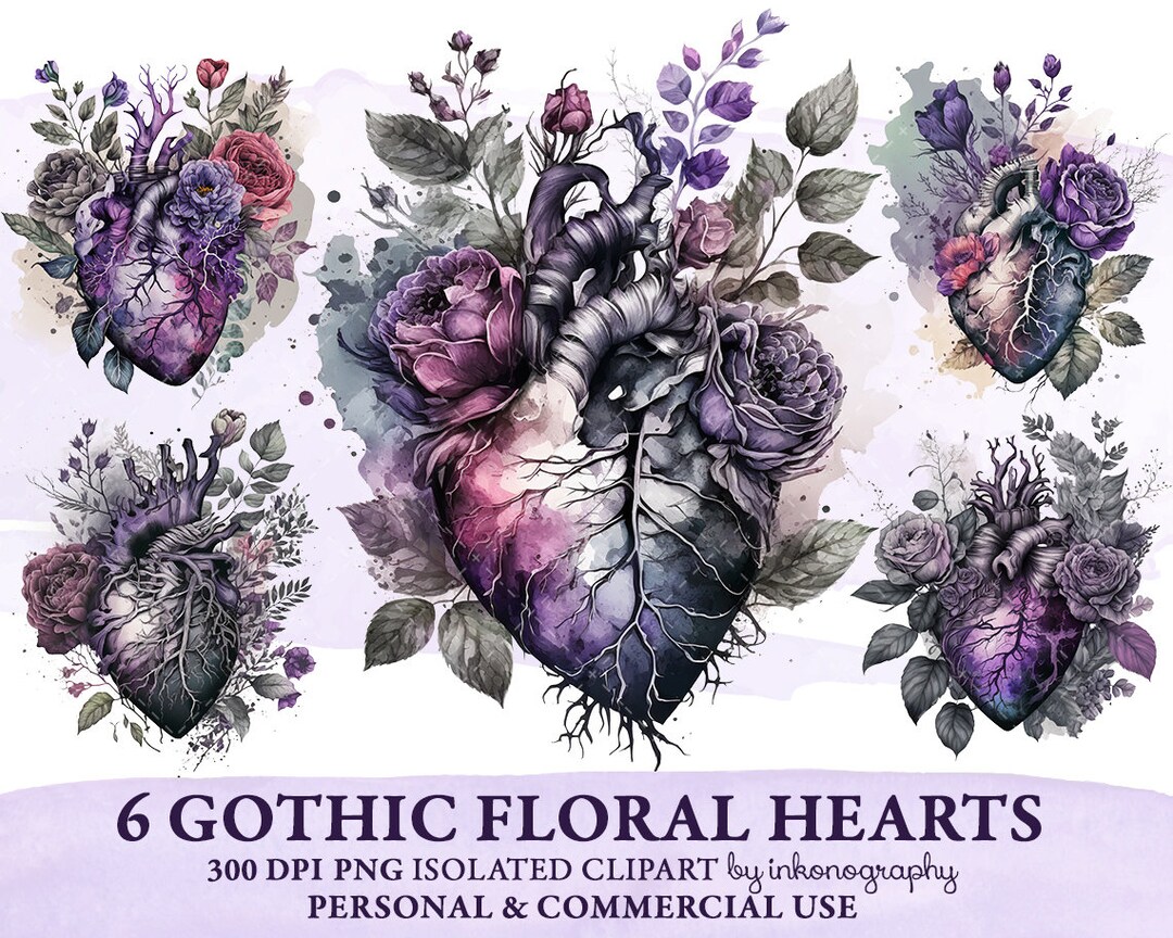 Purple Watercolor Floral Heart Clipart Bundle, Heart Png, Romantic Dark ...
