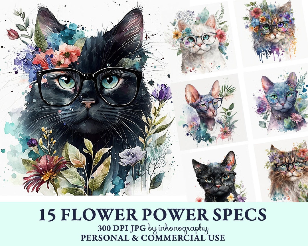 Watercolor Boho Floral Cats Clipart Bundle, Funny Cats Wearing Glasses ...