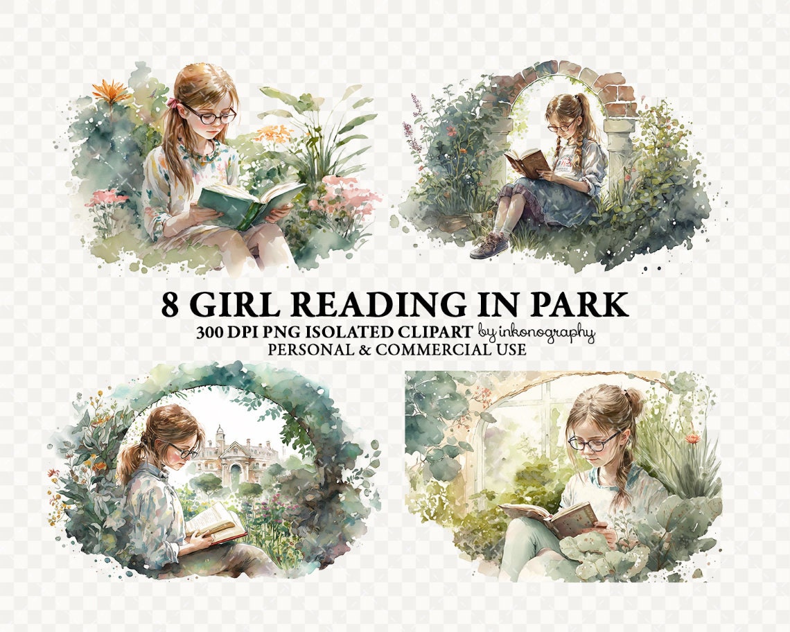 Girl Reading Watercolor Clipart Bundle, Png, Student Girl Clipart, Girl ...