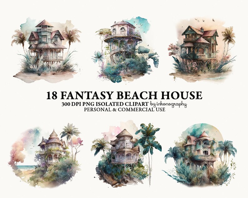 Tropical Beach House Clipart Bundle, Fantasy Watercolor Ocean Clipart ...