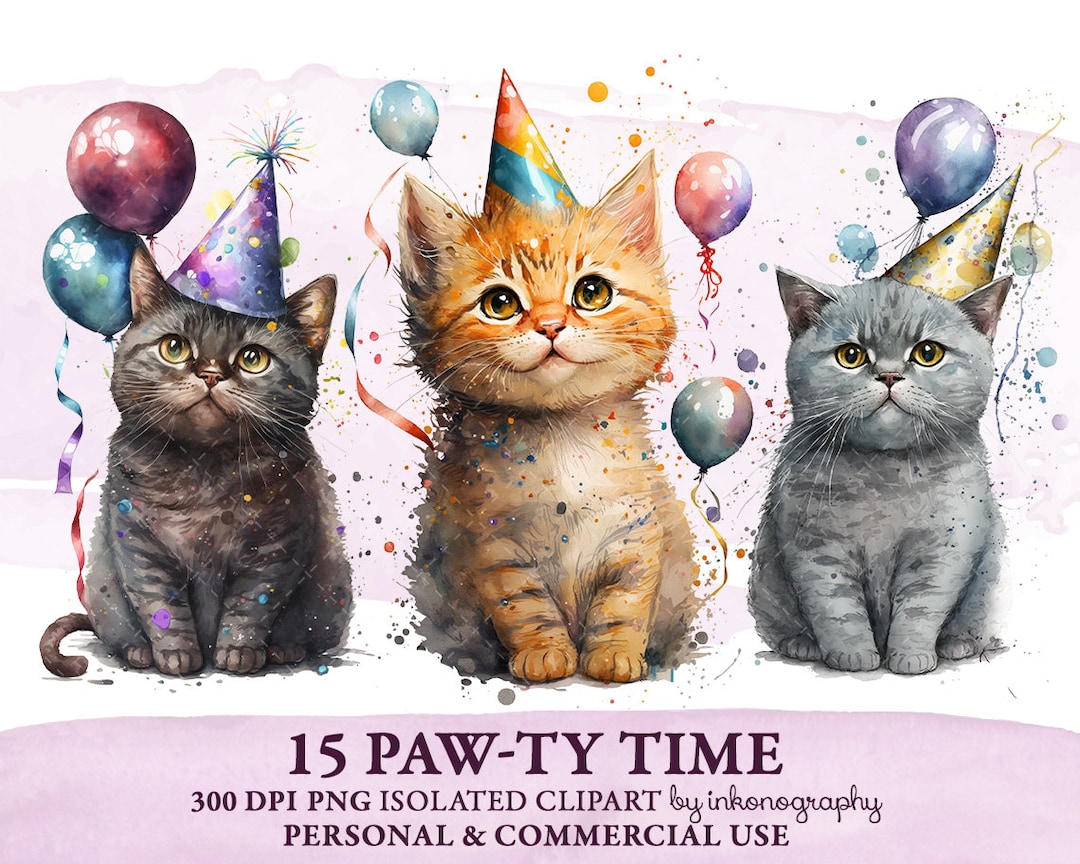 Watercolor Cat Clipart Bundle Birthday Cat PNG Cute Kitten Clipart ...