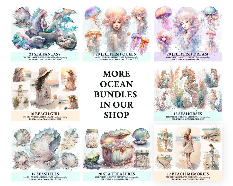 Watercolor Mermaid Clipart Bundle, Pastel Sea Creatures, Mystical Png ...